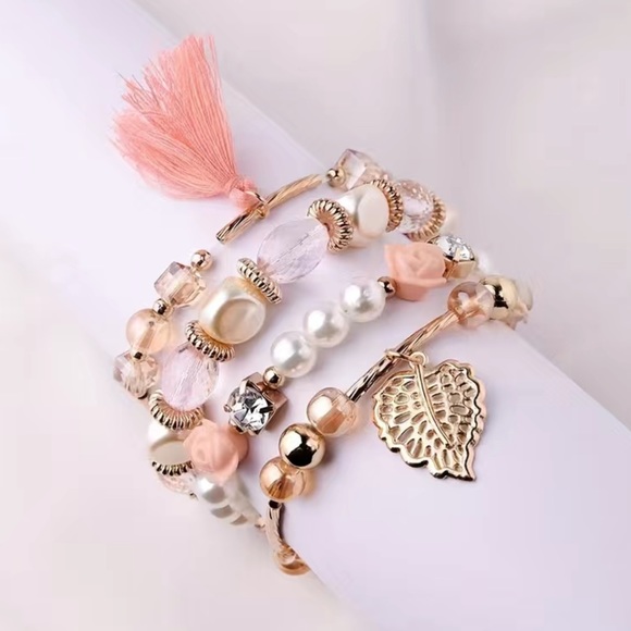 Jewelry | Beaded 4 Piece Stretch Stack Bracelet Set With Roses | Poshmark